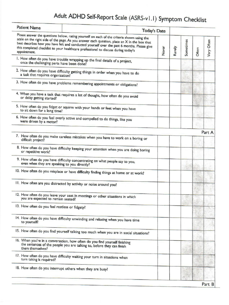 Adult ADHD Self-Report Scale (Blank) | PDF
