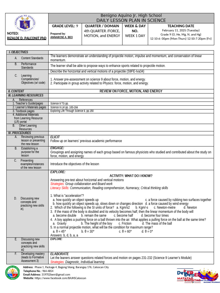 DLP - 4THQ - Science-9 - Feb11 - Introduction To Force, Motion, and Energy | PDF | Force ...
