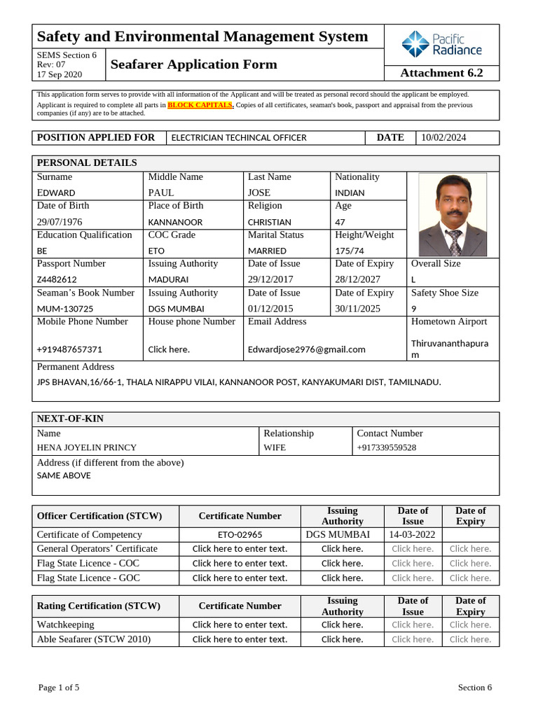 AURUS-NEW REVISED Attachment 6 2 Seafarer Application Form | PDF