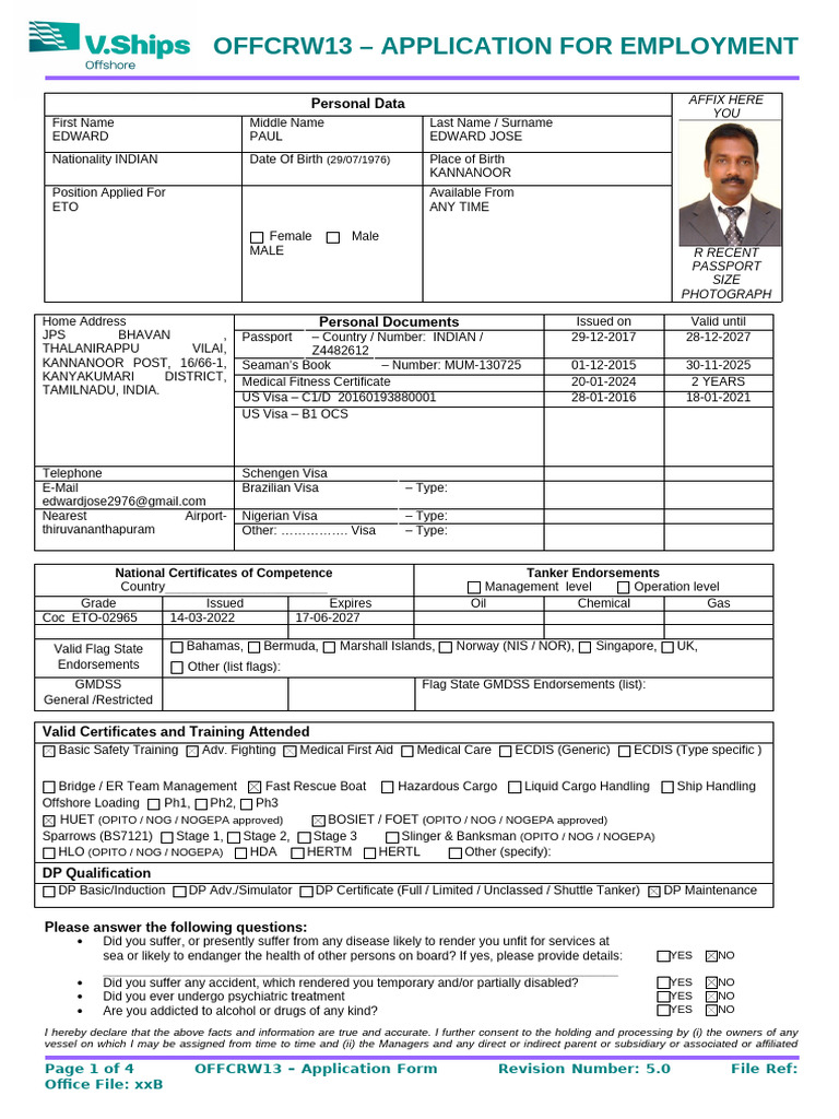 Employment Application for ETO Position | PDF | Travel Visa | Water ...