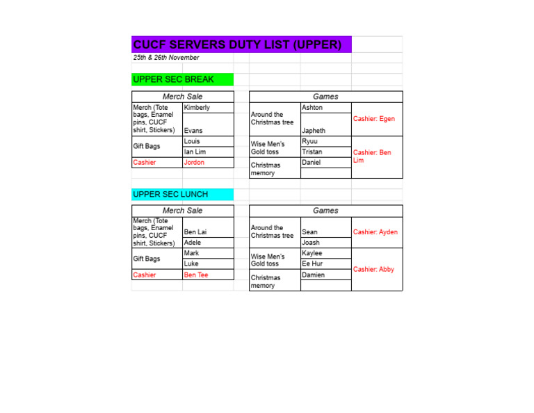 CUCF SERVERS DUTY LIST - Upper Sec (1) (1) | PDF