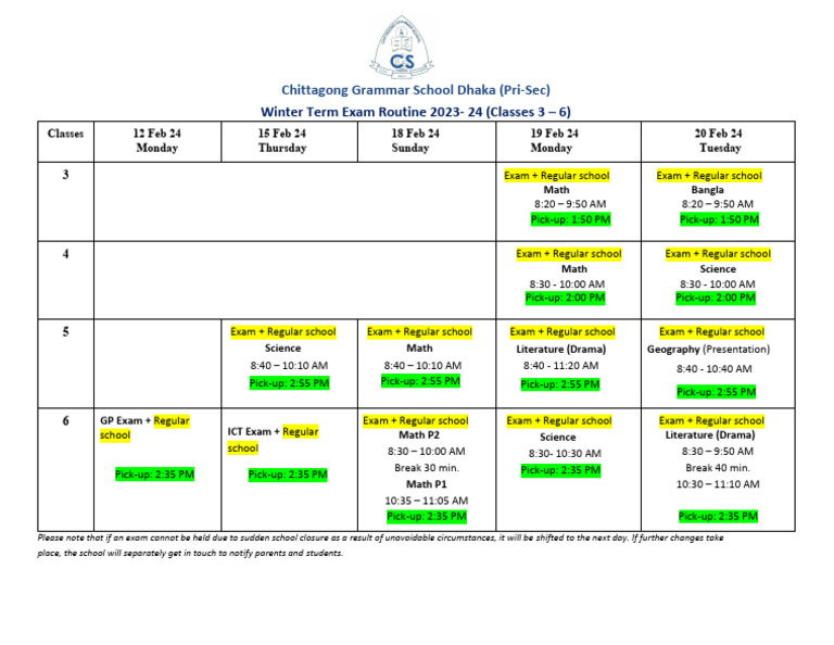 3-6 Winter Term Exam Routine 2023-24 | PDF