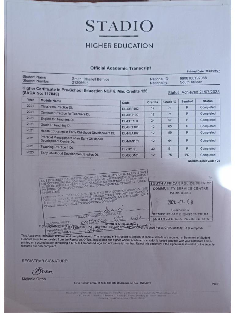Chanell Academic Transcript | PDF