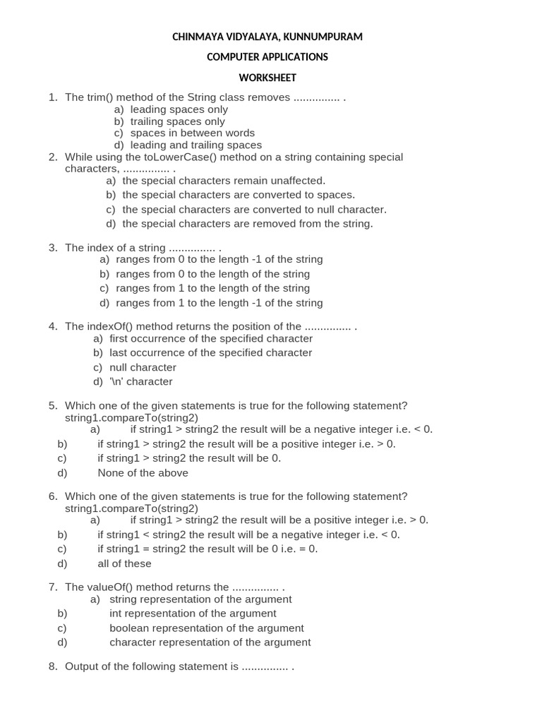Std 10 Worksheet1 | PDF | String (Computer Science) | Computer Programming