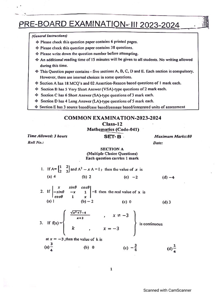Class 12 Maths Preboard | PDF
