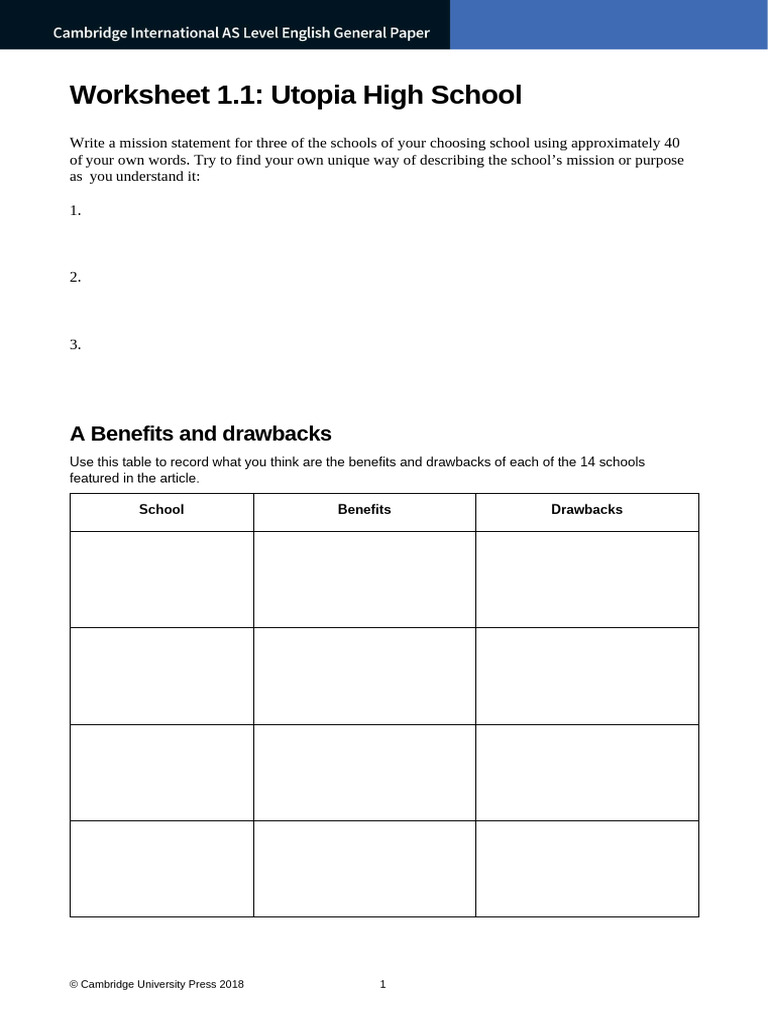 Utopia High School Mission Statement Worksheet | PDF