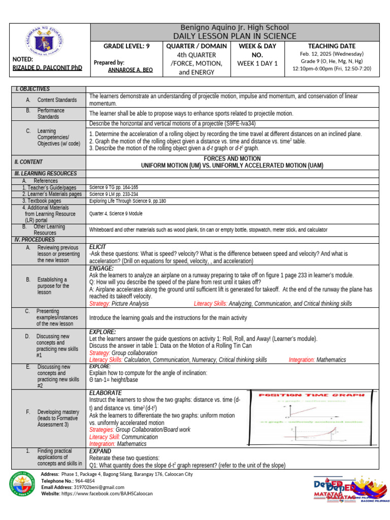 Grade 9 Science Lesson Plan: Motion | PDF | Velocity | Acceleration
