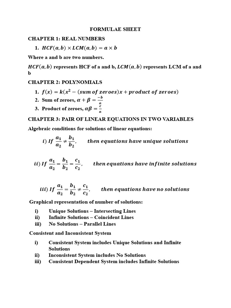 Formulae Sheet (Class X) Maths | PDF | Zero Of A Function | Equations