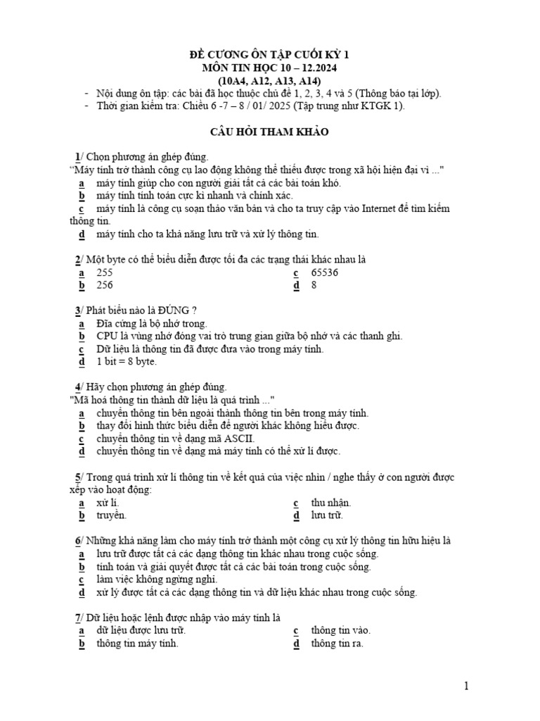 Tin 10 - de Cuong On Tap - CK 1 (HS) | PDF