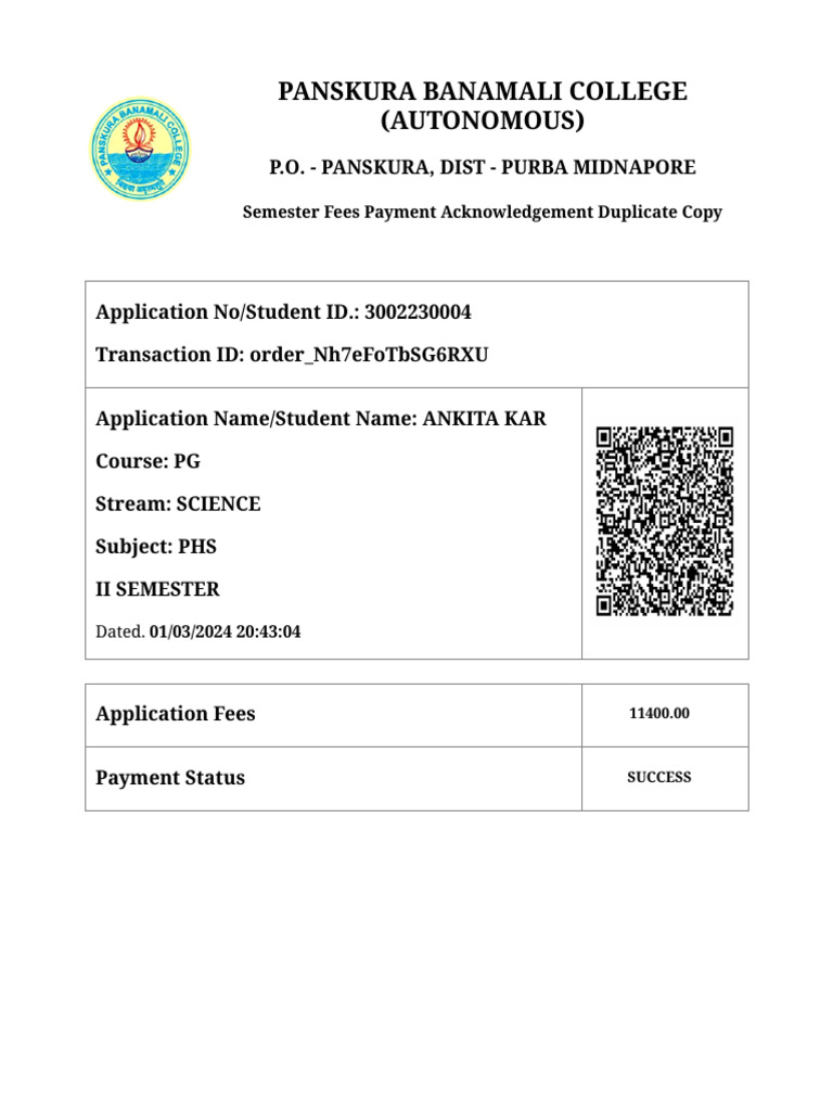Panskura College Semester Fee Receipt | PDF