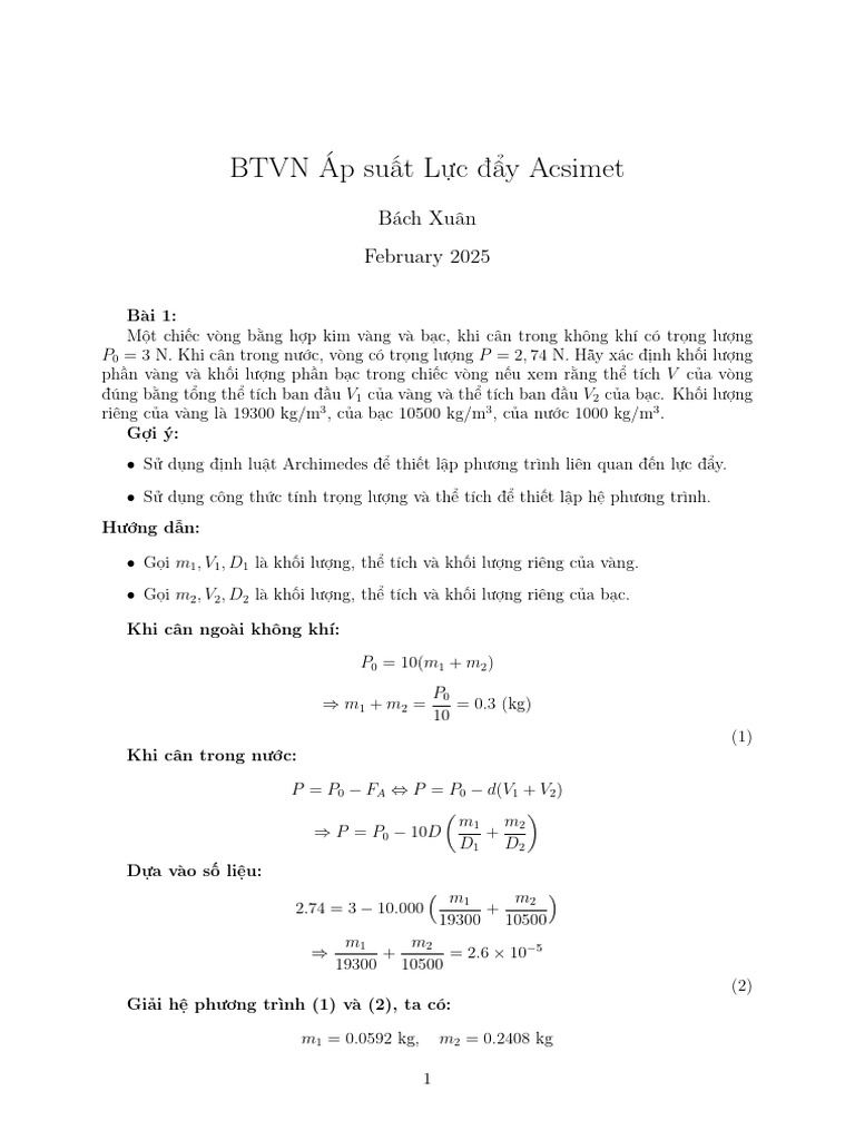 BTVN Áp suất Lực đẩy Acsimet | PDF