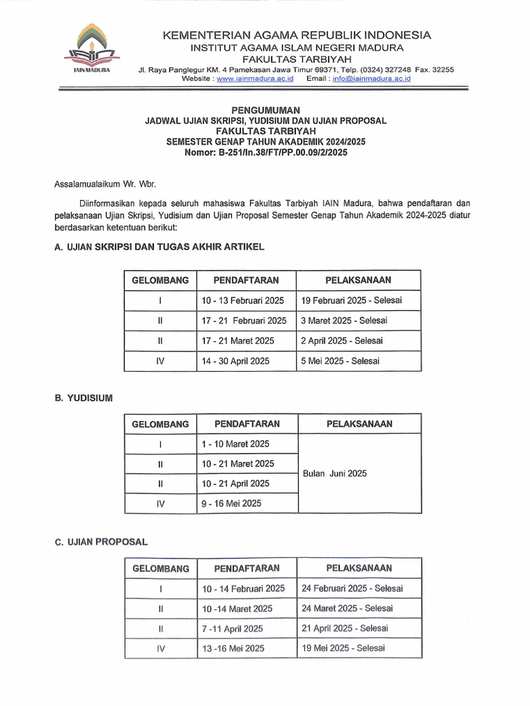 Pengumuman Pendaftaran Ujian Skripsi Dan Proposal Semester Genap TA 2024 - 2025 | PDF