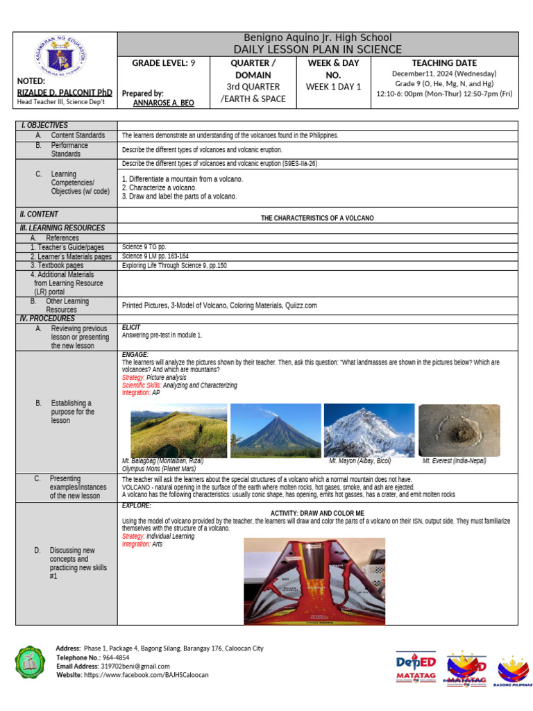 DLP 3RDQ Science-9 Dec11 Volcano-Characterization | PDF | Volcano | Learning