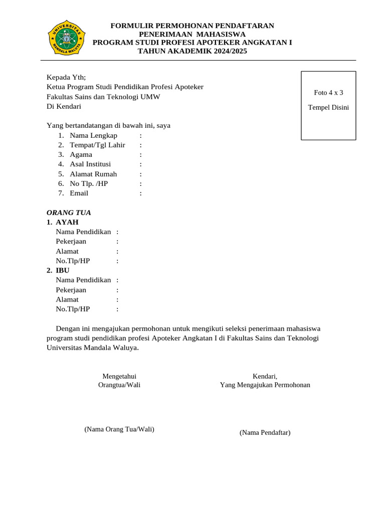 Formulir Permohonan Pendaftaran Psppa Umw | PDF