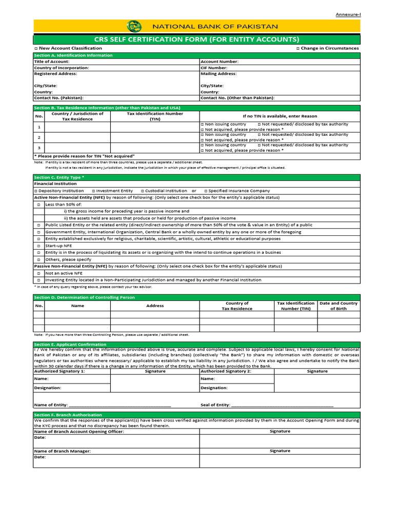 CRS-Self-Certification-Form-entity | PDF | Taxes | Banks