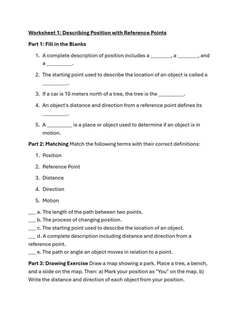 Worksheet 1 - Distance - Direction - Motion - Reference Point | PDF