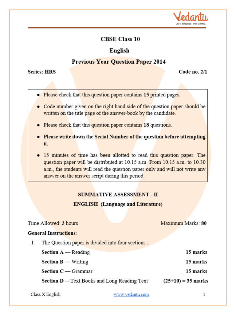 CBSE Class 10 English Language and Literature Question Paper 2014 with ...
