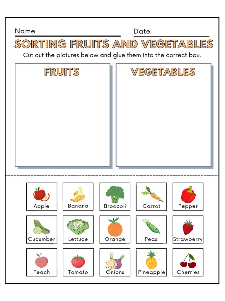 B&W and Color Science Worksheet Fruits or Vegetables Sorting Activity ...