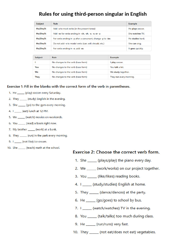 Rules For Using Third-Person Singular in English | PDF