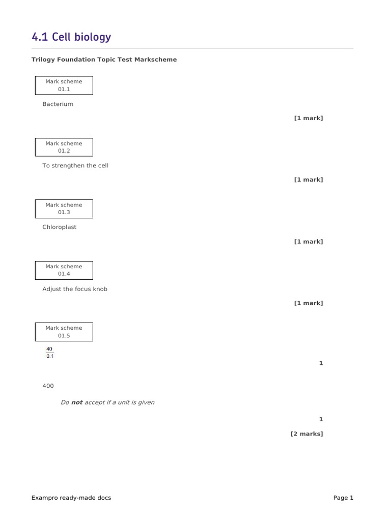 Cell Biology Mark Scheme Overview | PDF | Biology | Cell Biology