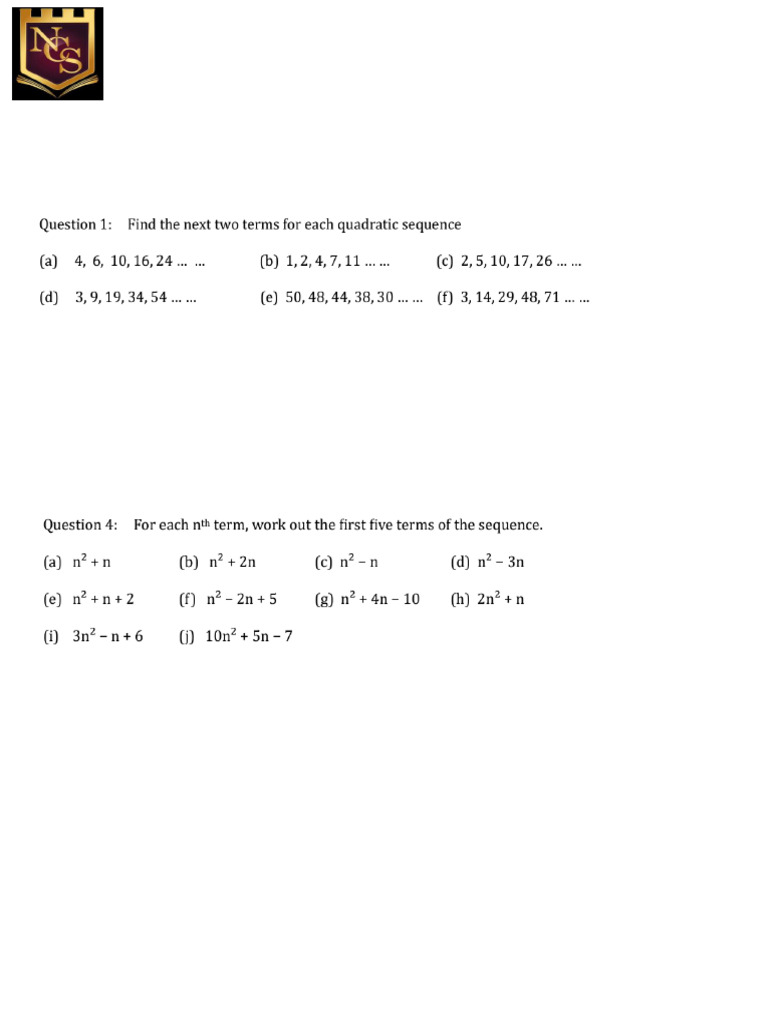 Quadratic Sequence | PDF