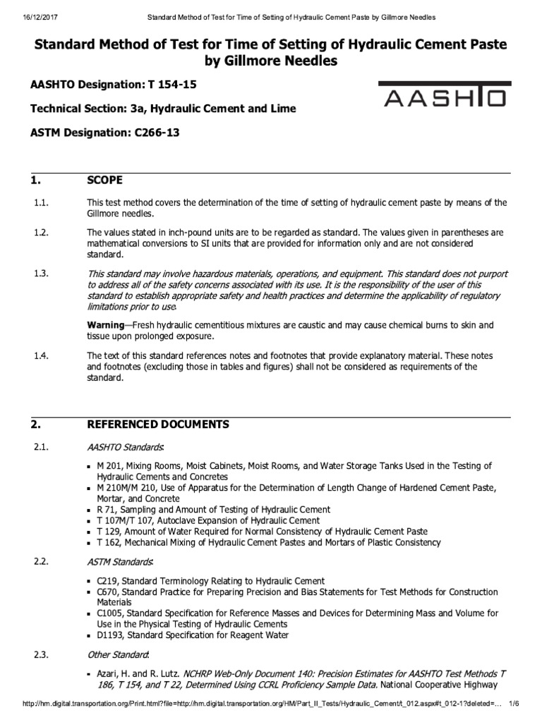 T 154-15 Time of Setting of Hydraulic Cement Paste by Gillmore Needles ...