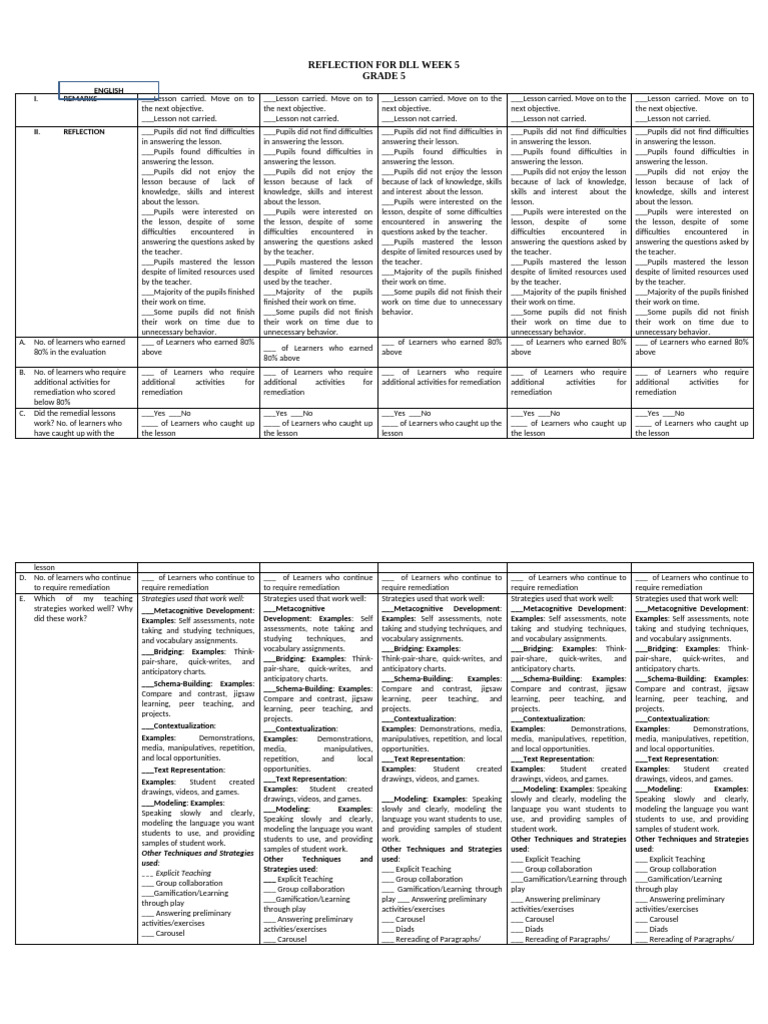 Reflection Grade 5 | PDF | Metacognition | Teachers