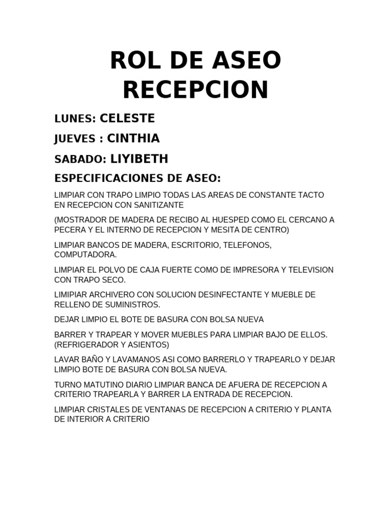 Rol de Aseo Recepcion | PDF
