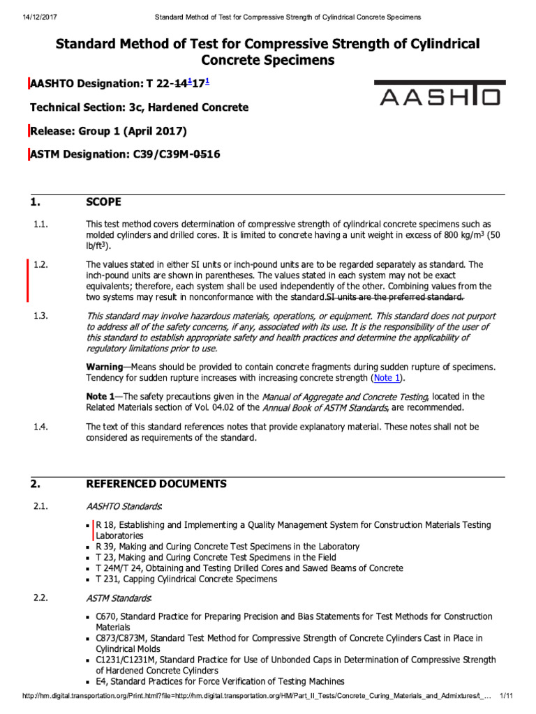 T 22-17 Compressive Strength of Cylindrical Concrete Specimens | PDF