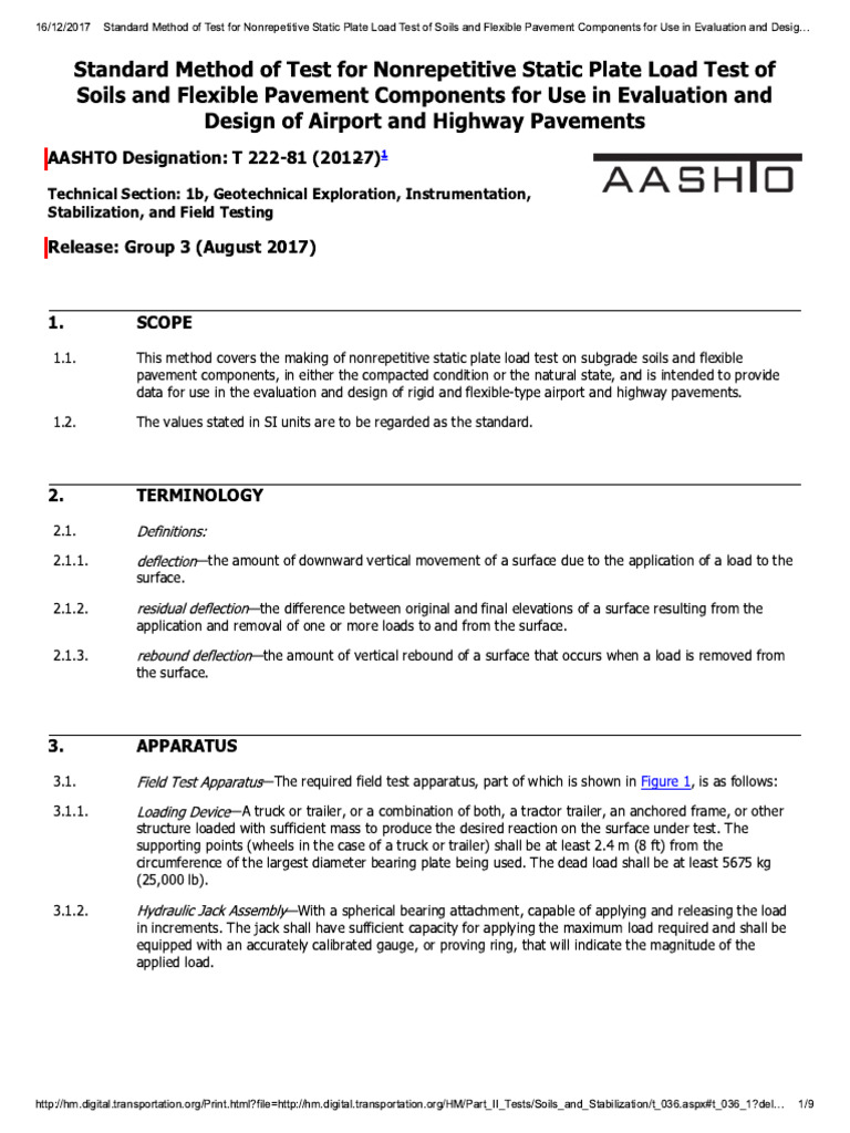 T 222-81 (2017) Nonrepetitive Static Plate Load Test of Soils and ...