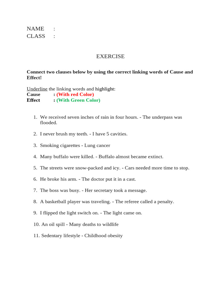 Linking Words for Cause and Effect Exercises | PDF