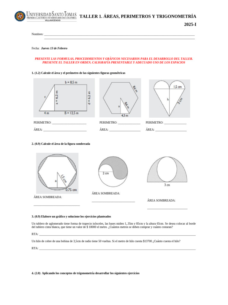 Taller 1. Áreas, Perimetros y Trigonometría | PDF | Triángulo | Formas geométricas
