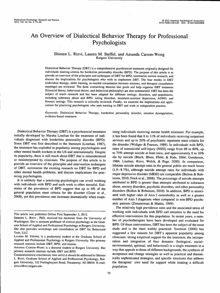An Overview of Dialectical Behavior Therapy For Professional ...