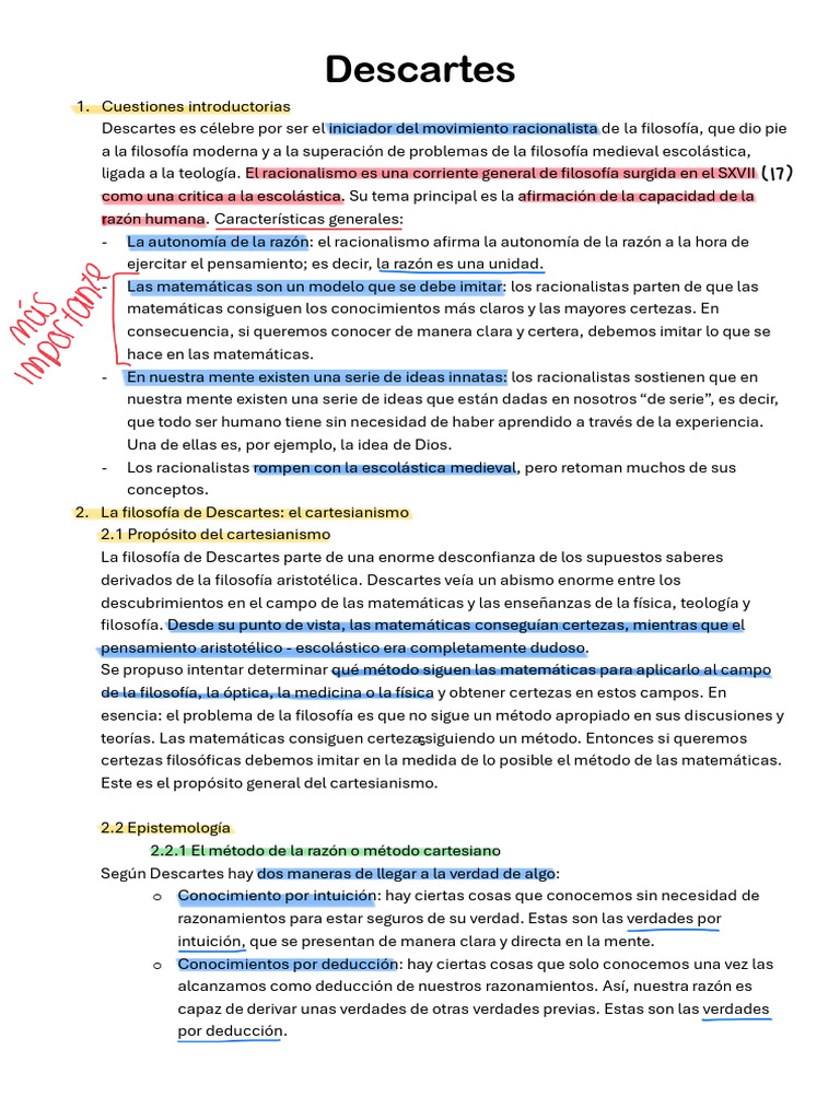 Filosofía de Descartes: Racionalismo y Método | PDF | René Descartes ...