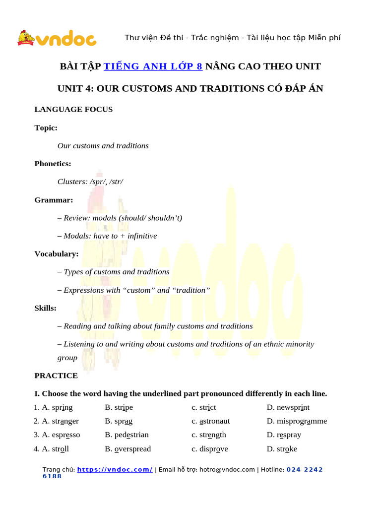 Bai Tap Nang Cao Tieng Anh Lop 8 Unit 4 Our Customs and Traditions | PDF