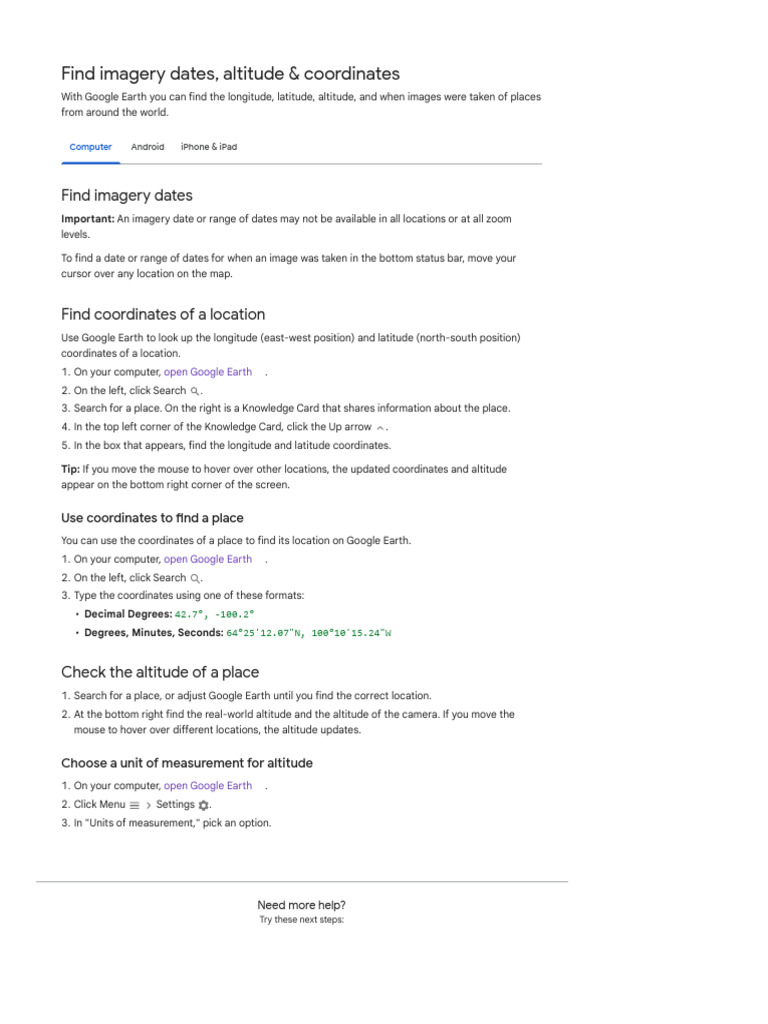 Find Imagery Dates, Altitude & Coordinates - Computer - Google Earth ...