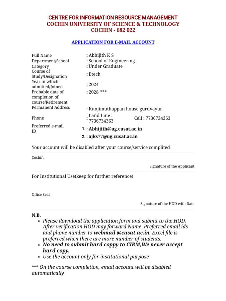 CUSAT Student Email Application | PDF
