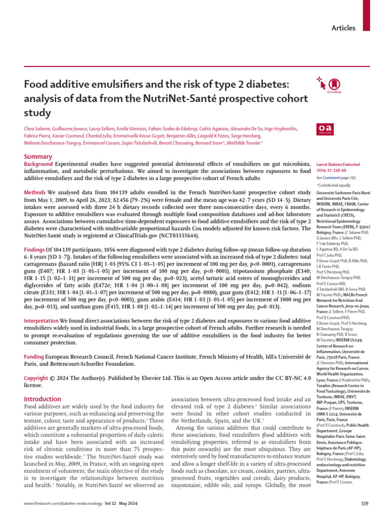 Food Additive Emulsifiers and The Risk of Type 2 Diabetes: Analysis of ...