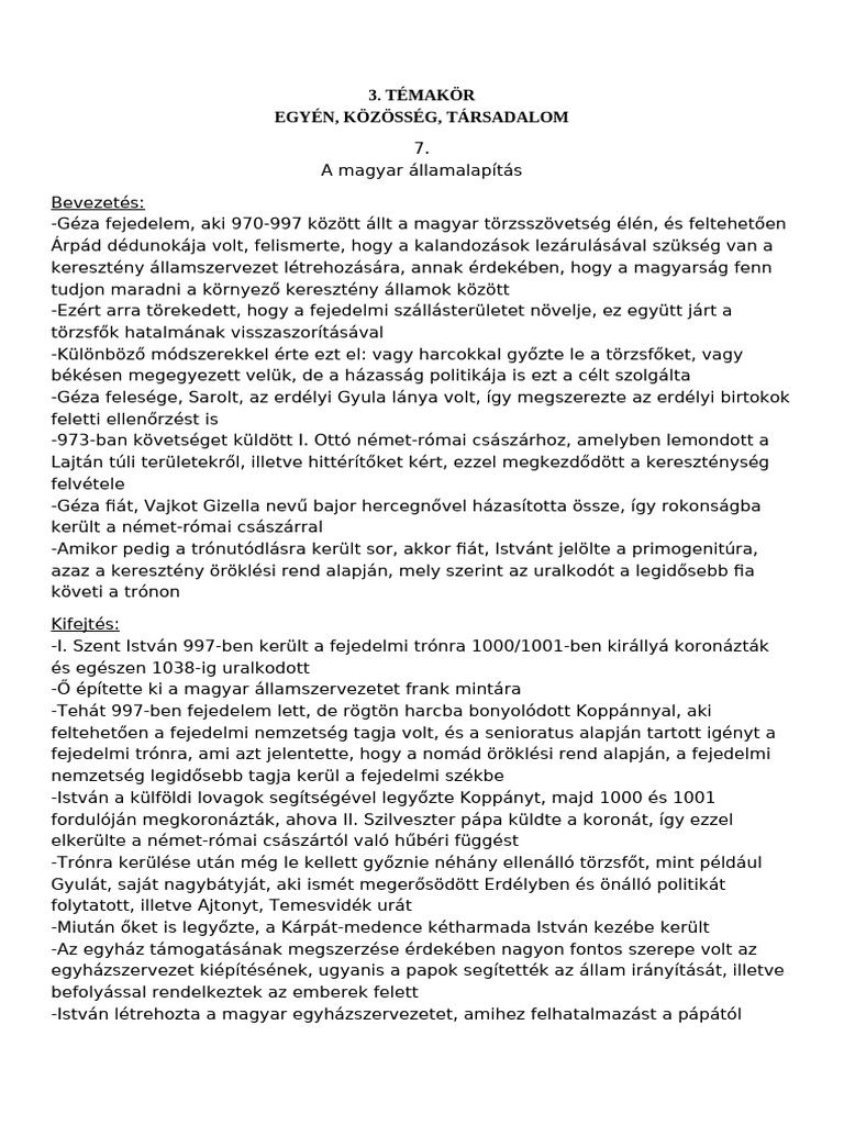 A Magyar Államalapítás Kidolgozott Tétel | PDF