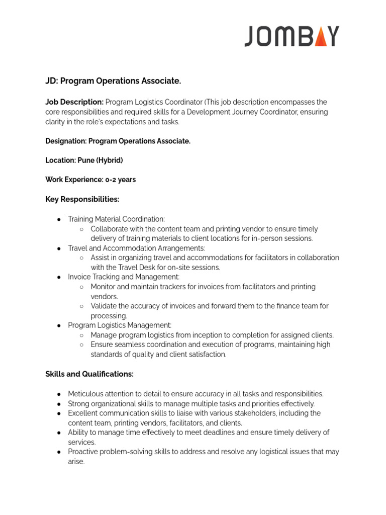 Job Description - Program Operations Team - Development Journey | PDF