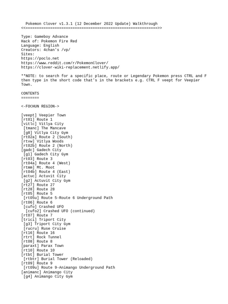 Pokemon Clover v1.3.1 Walkthrough | PDF