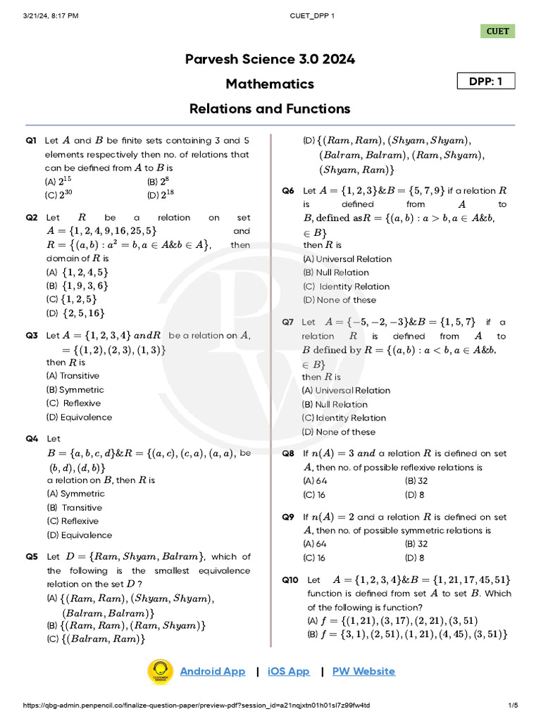 6602dea03a254a0018d3c959 - ## - Relations and Functions DPP 01 | PDF | Mathematics ...
