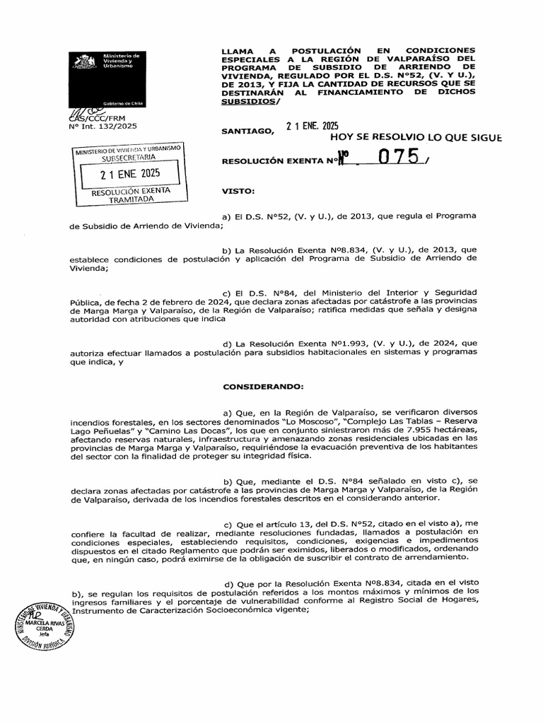 Res.-Ex.-N°75_MINVU_2025-Llam-SUArr-Esp-Damnificados-Valparaiso | PDF