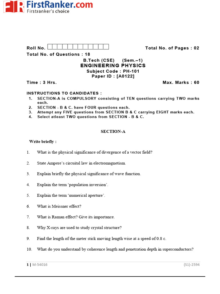PTU - B Tech - 2018 - 1st Semester - Dec - 54016 ENGINEERING PHYSICS ...