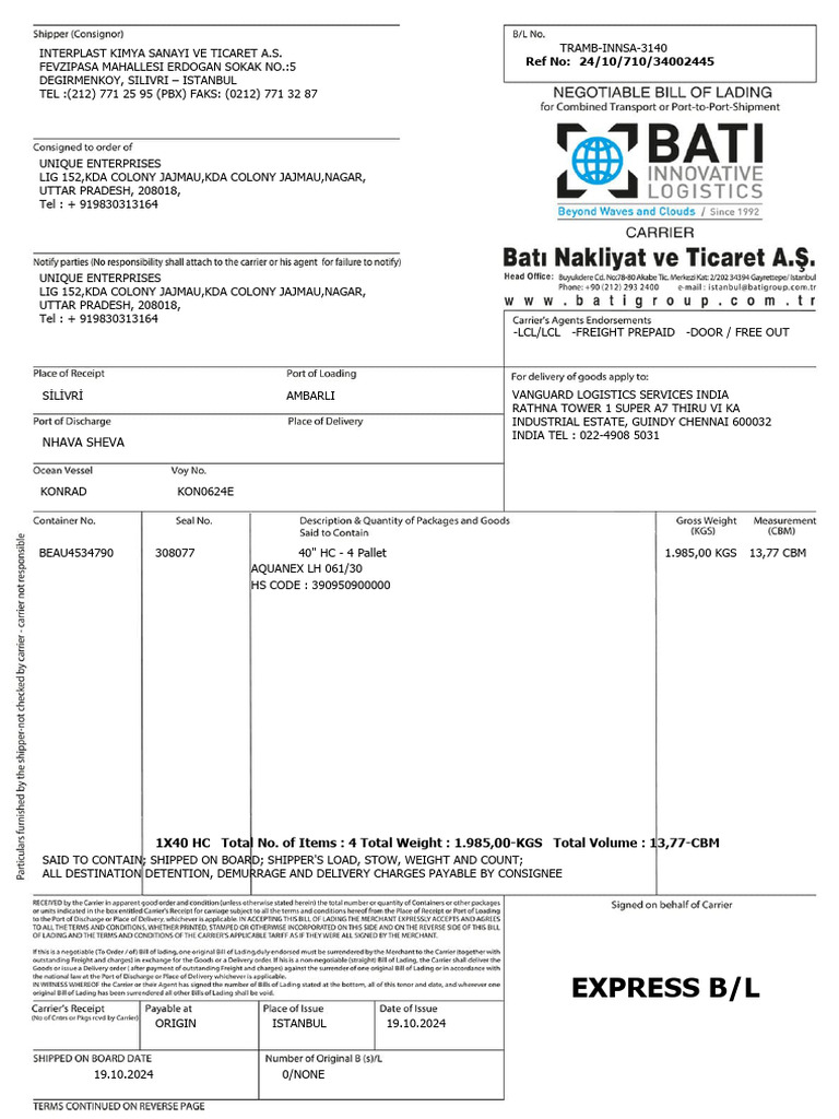 Express B/L: Nhava Sheva | PDF