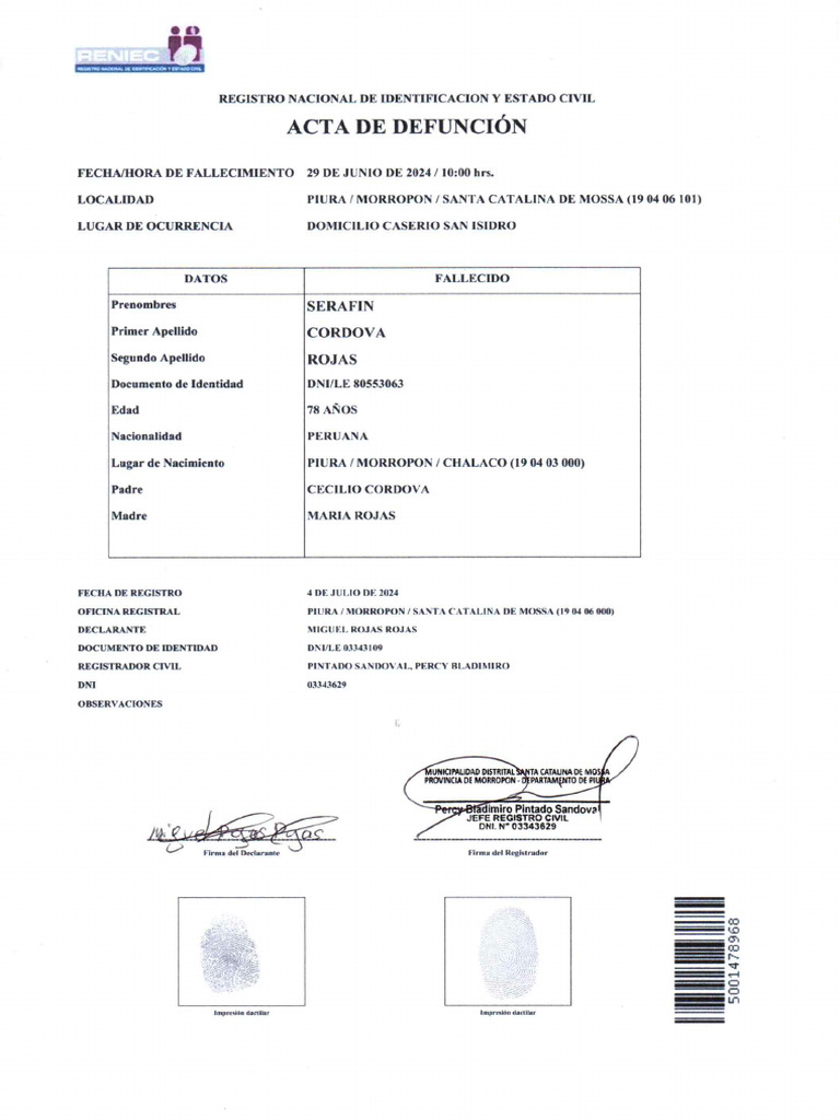 Acta Defuncion Serafin Cordova-1 | PDF