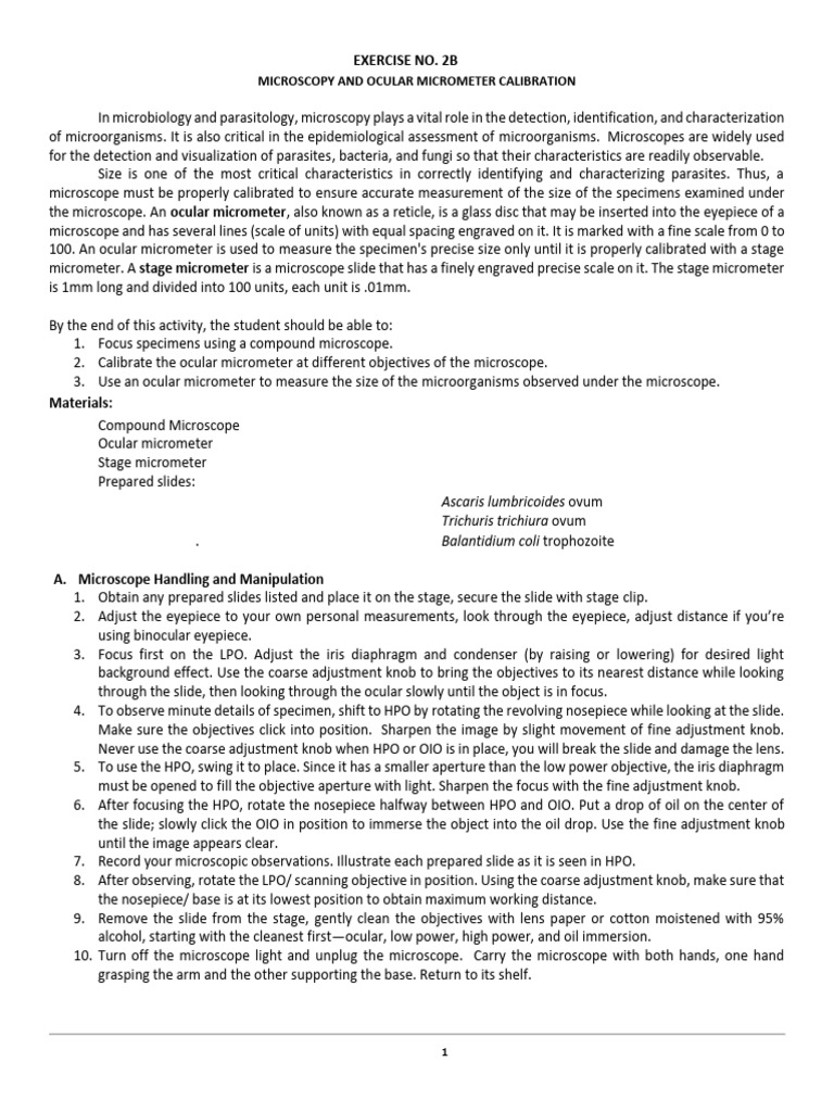 EXERCISE 2B - Microscopy and Ocular Micrometer Calibration-1 | PDF | Microscope | Laboratory ...