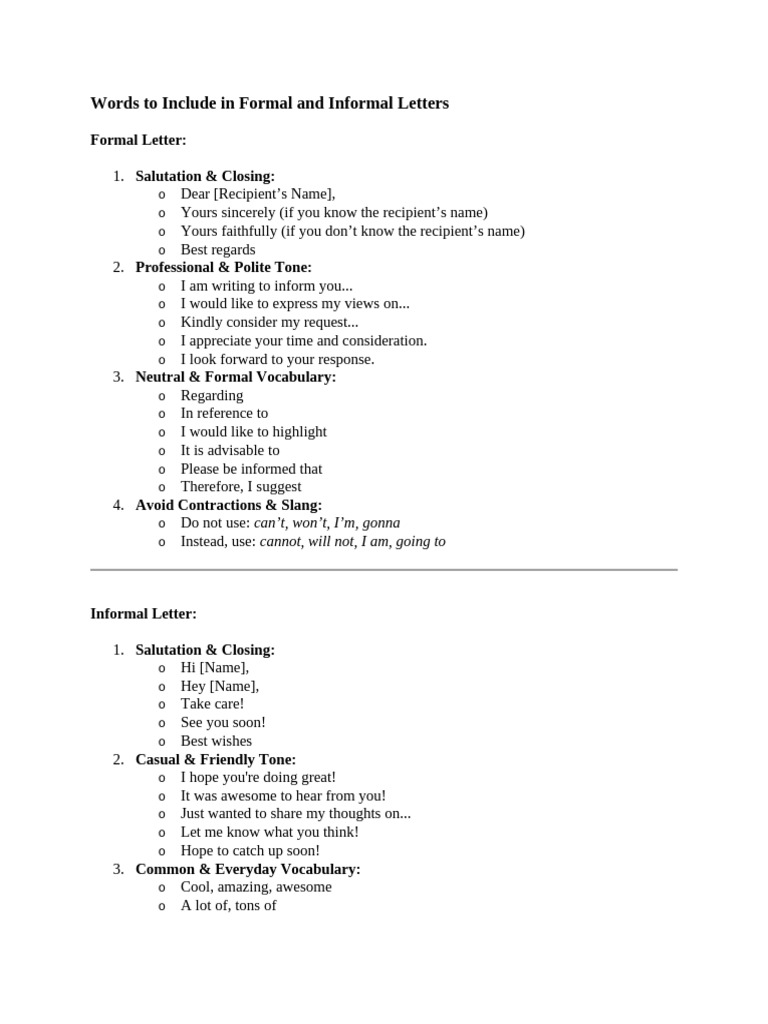 Wors To Include in Formal and Informal Letters | PDF | Grammar | Lexicology