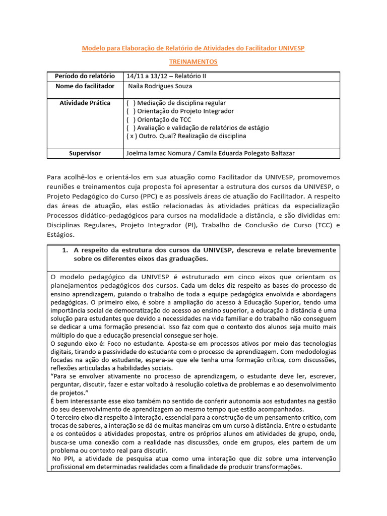 Segundo Relatório de Atividades Do Facilitador - UNIVESP | PDF | Pedagogia | Aprendizado