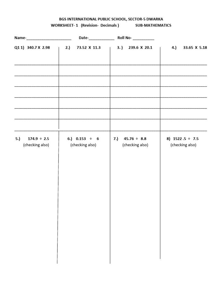 Decimal Math Revision Worksheet | PDF